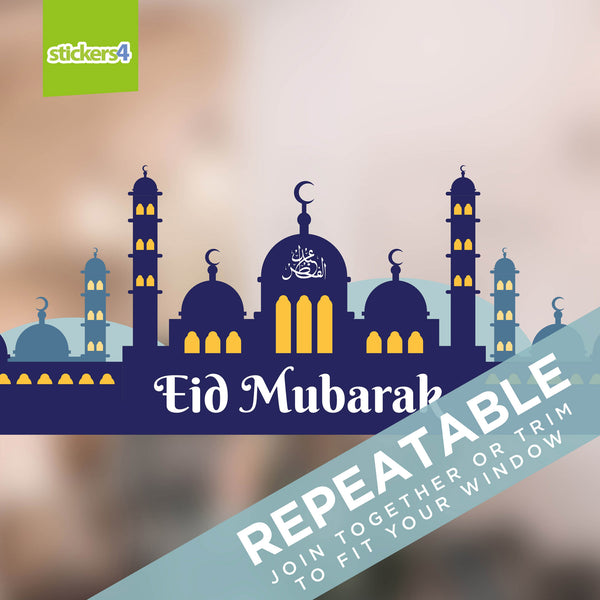 Eid Mubarak Window Sticker – Mosque Skyline Border | Easy to Apply