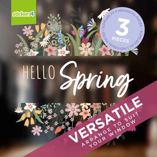 Hello Spring Script with Flowers Window Stickers | Floral Window Cling