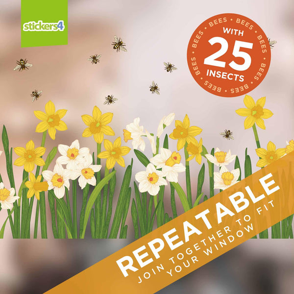 Illustrated Daffodil Border with Bees Window Sticker | Stickers4