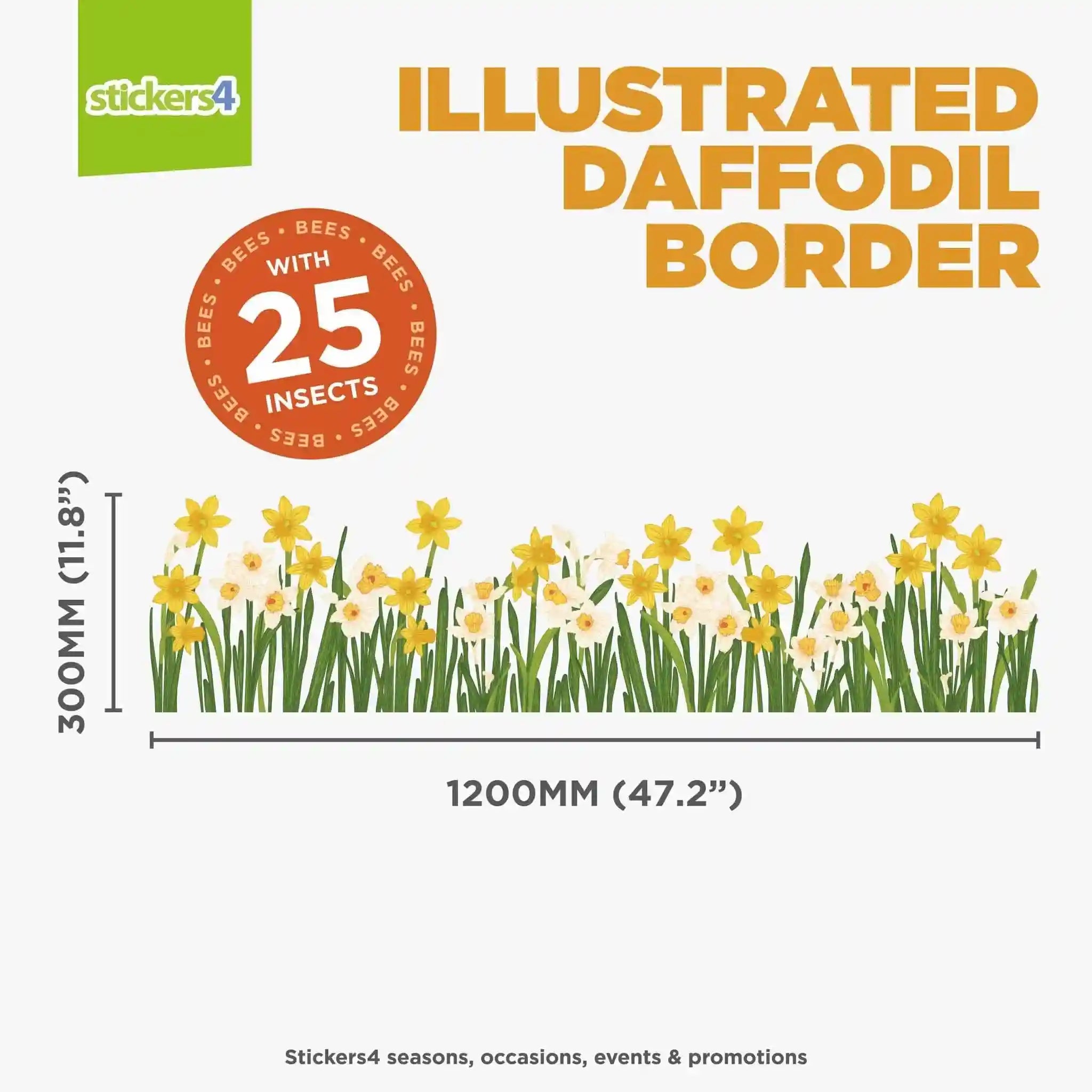 Illustrated Daffodil Border with Bees Window Sticker | Stickers4