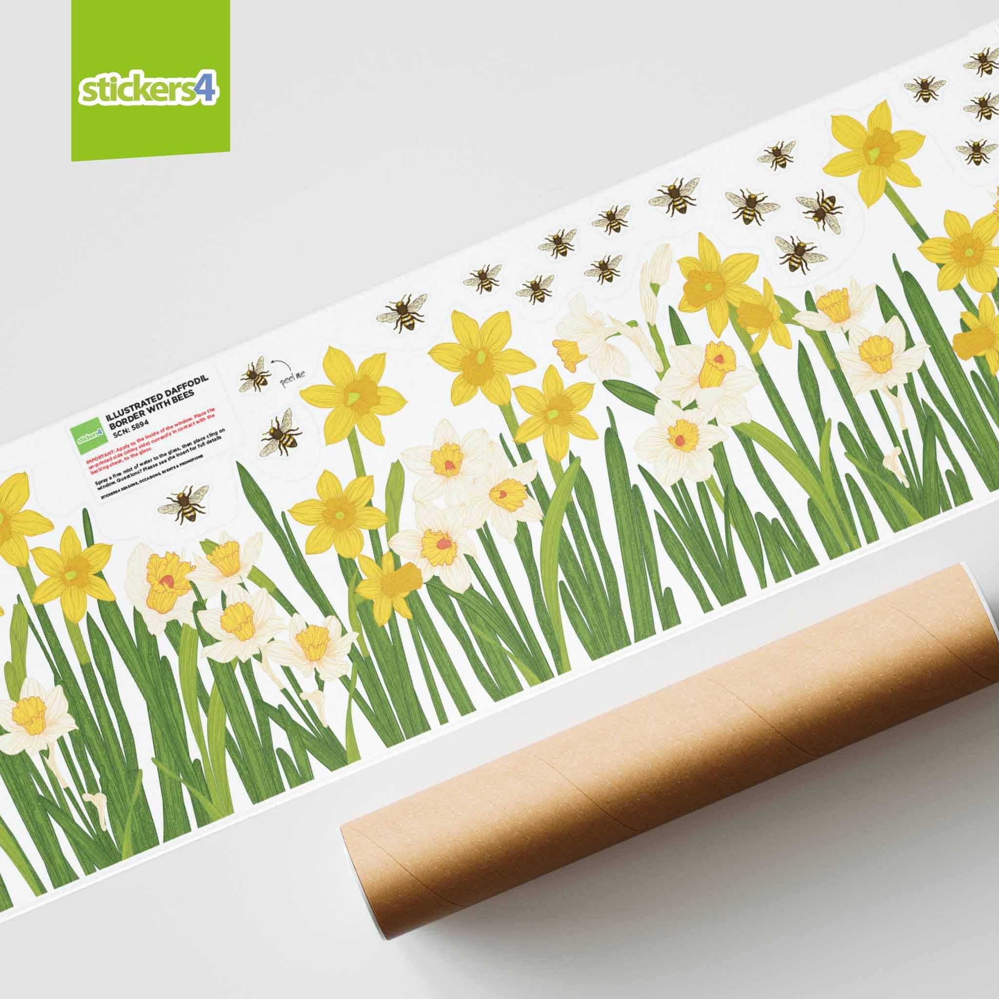 Illustrated Daffodil Border with Bees Window Sticker | Stickers4
