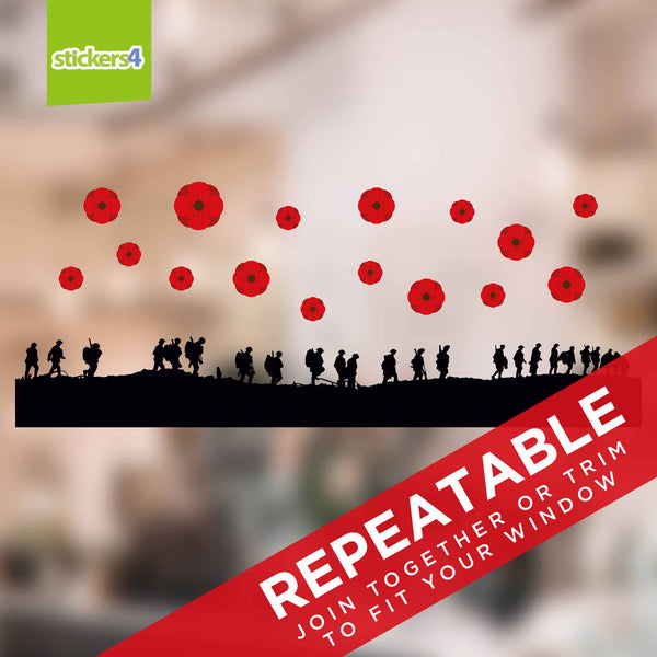 Marching Soldier Silhouette Border & 16x Poppies Window Cling