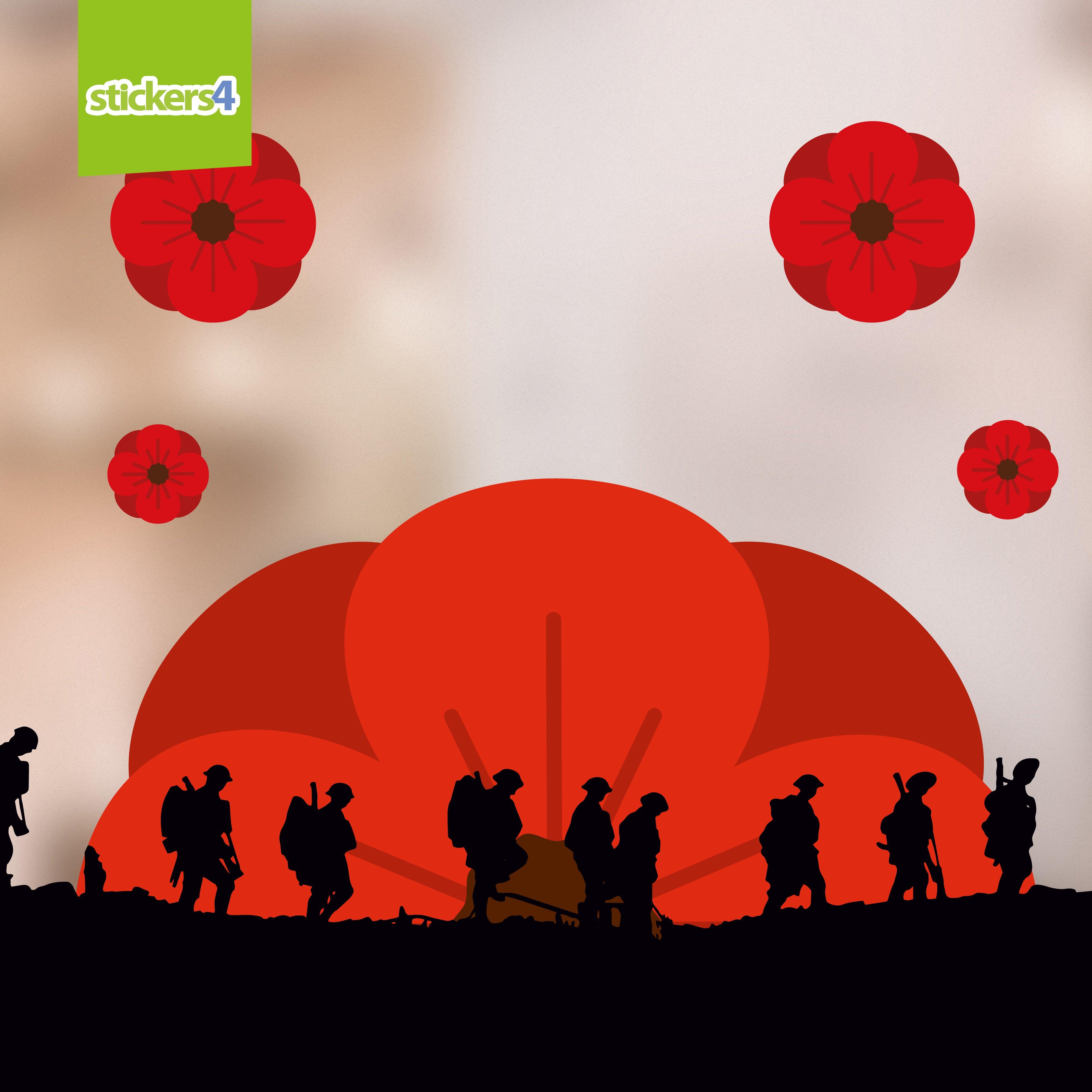 Marching Soldier Silhouette Border with Poppy - Remembrance Day Window