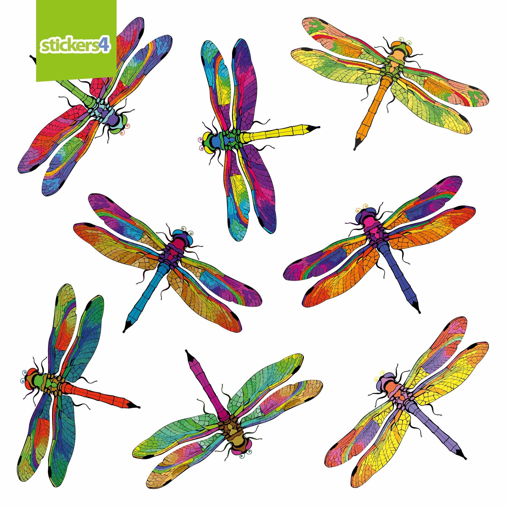 Set of 8 Colourful Dragonfly window cling stickers. Dragonflies