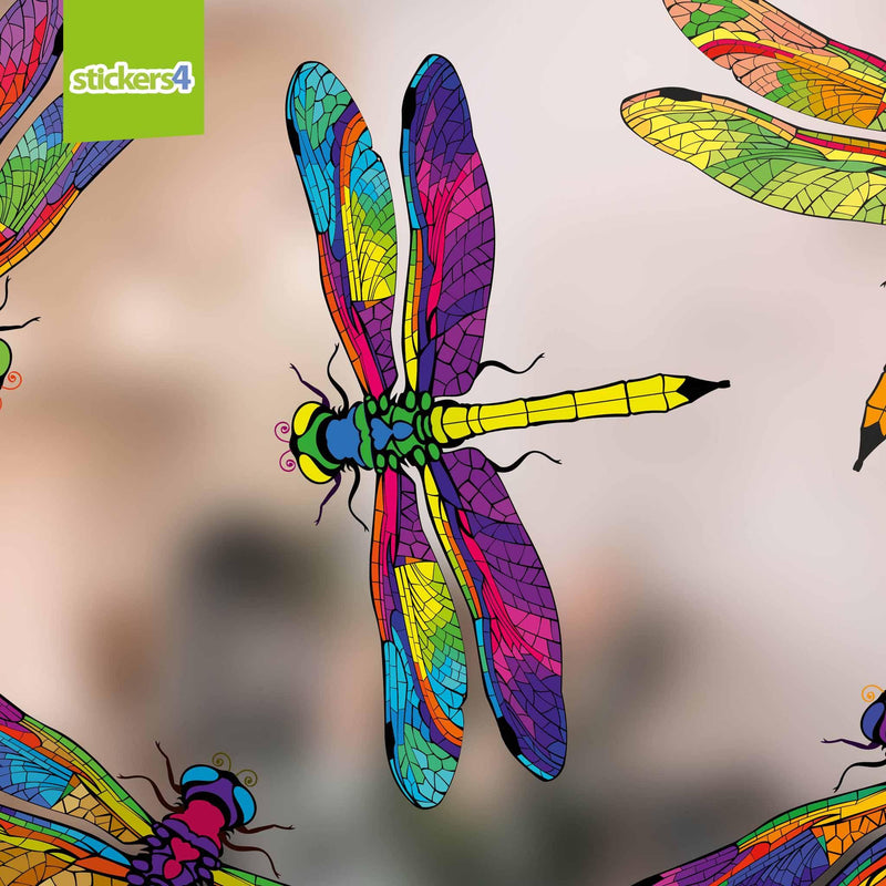 Set of 8 Colourful Dragonfly window cling stickers. Dragonflies