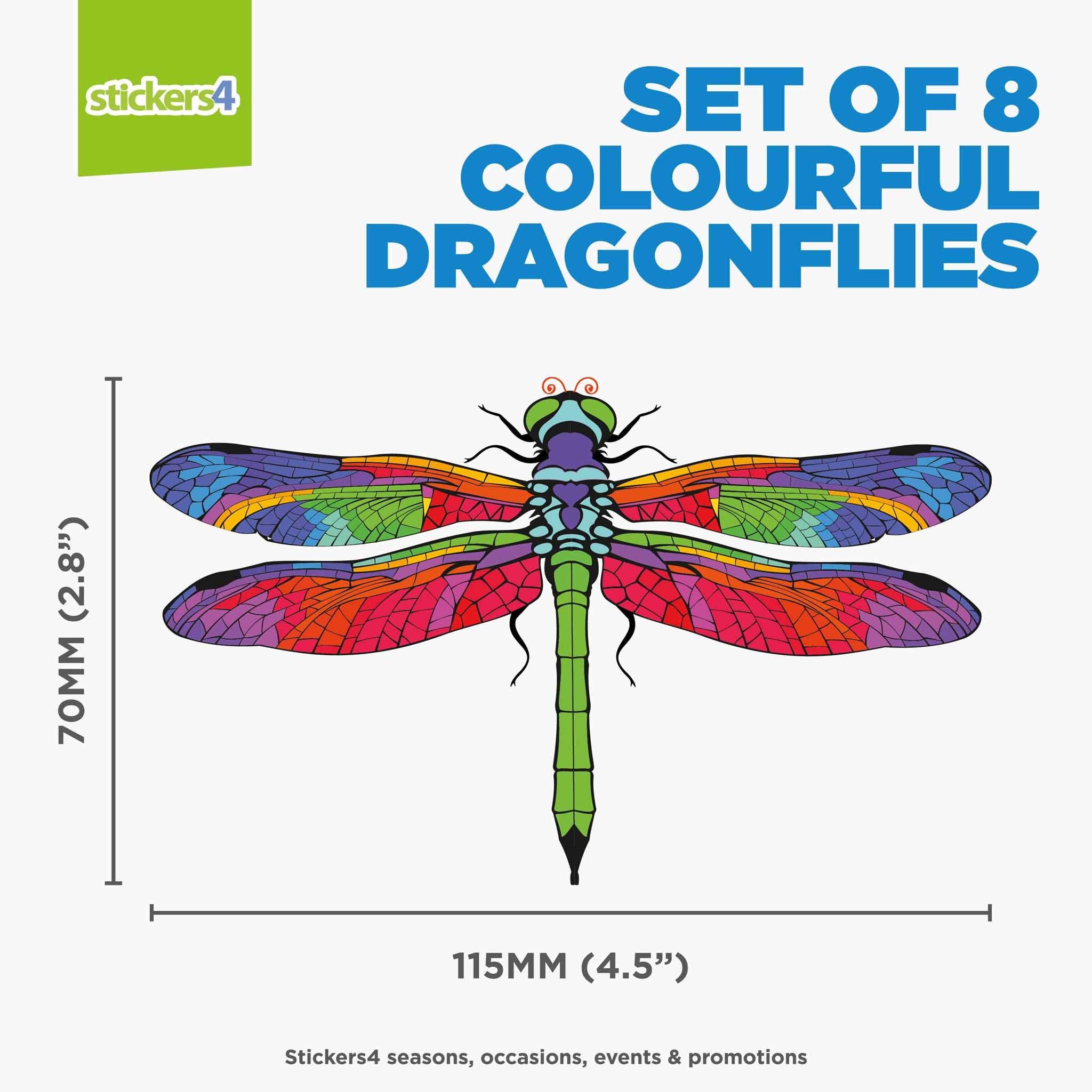 Set of 8 Colourful Dragonfly window cling stickers. Dragonflies