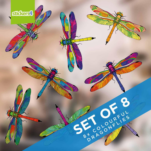 Set of 8 Colourful Dragonfly window cling stickers. Dragonflies