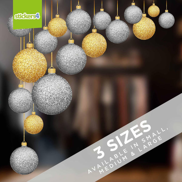 Glitter-Effect Christmas Bauble Corner Window Stickers - Silver Gold